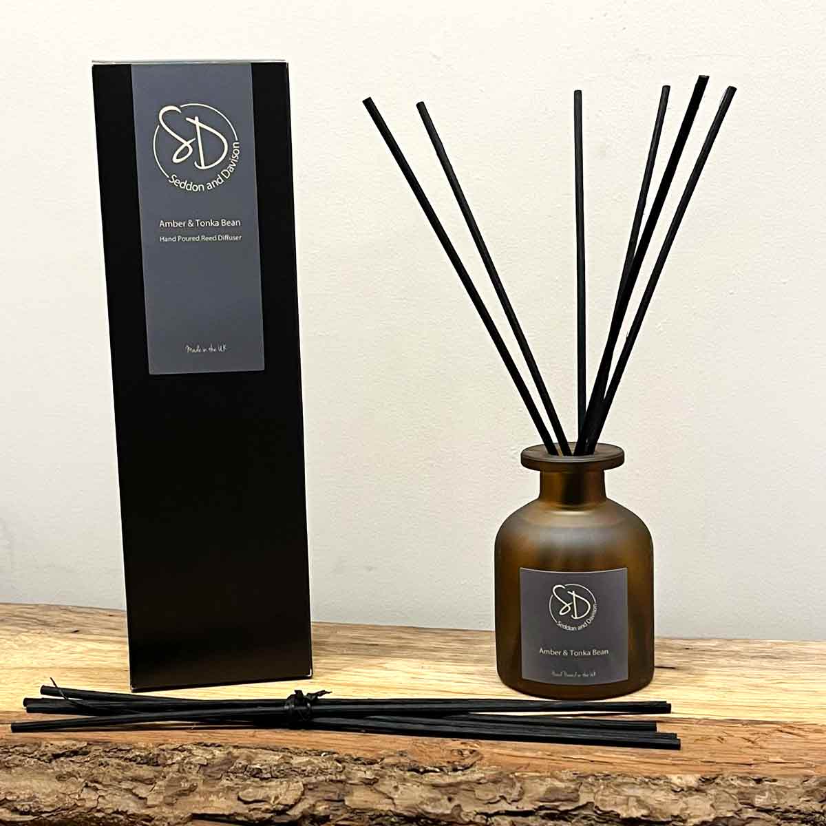 Amber and Tonka Bean Reed Diffuser - Frosted Amber Glass Bottle
